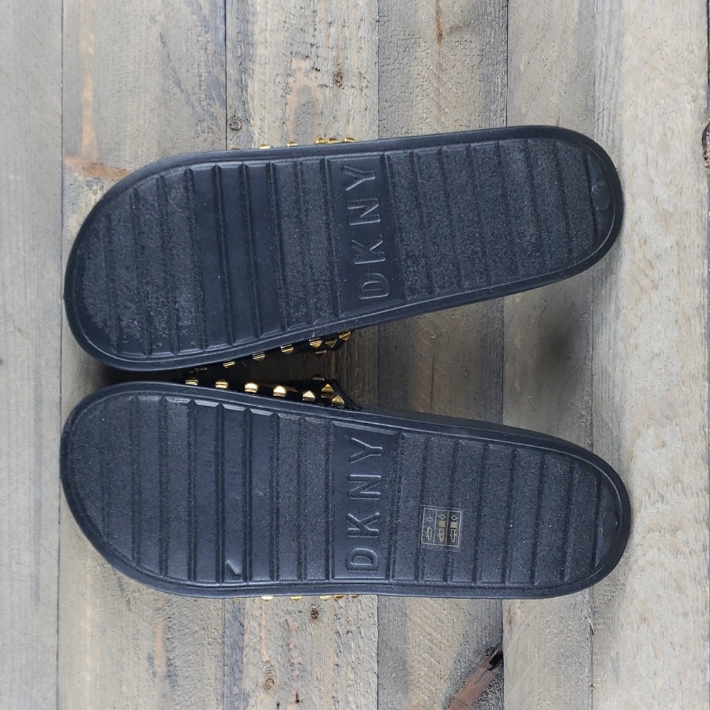Dkny Logo Band Slides Sandals Black Gold New - Gem